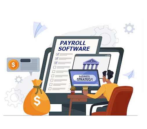 Payroll software illustration showing digital payslip and security icons
